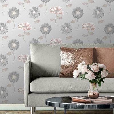 Light Grey Rose Gold Pink Flowers Metallic Floral Daisy Smooth ...
