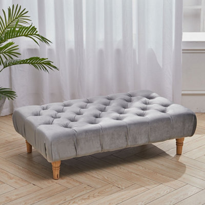 Light Grey Vintage Button Tufted Rectangular Velvet Footstool Bench with Wood Legs W 1000 x D