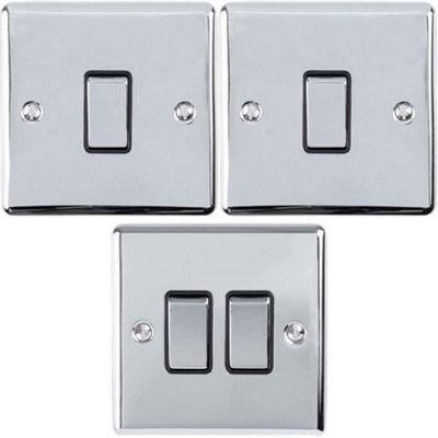 Light Switch Pack - 2x Single & 1x Double Gang - CHROME / Black 2 Way ...