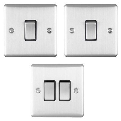 Light Switch Pack - 2x Single & 1x Double Gang - SATIN STEEL / Black 2 ...