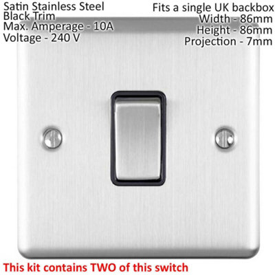 Light Switch Pack - 2x Single & 1x Double Gang - SATIN STEEL / Black 2 ...