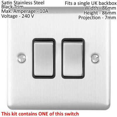 Light Switch Pack - 2x Single & 1x Double Gang - SATIN STEEL / Black 2 ...
