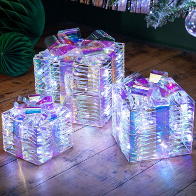 Light Up Christmas Presents Decorations Iridescent White LED Parcels ...
