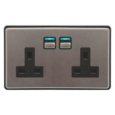 Lightwave 2 Gang Smart Socket Stainless Steel