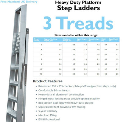 Lightweight 0.6m Aluminium 3 Tread Platform Step Ladder for Home DIY
