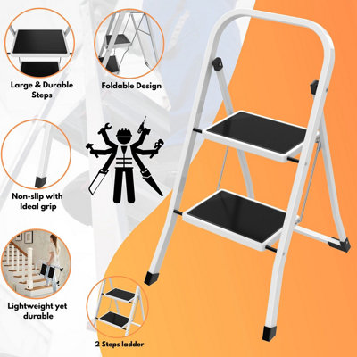Lightweight 2 Step Ladder 32.2'' (82cm) High - White Portable Folding ...