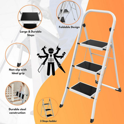 Lightweight 3 Step Ladder 41.3 105cm High White Portable Folding Ladder Small Compact and Functional Steel