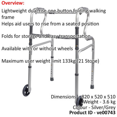 Lightweight Dual Rise Aluminium Folding Walking Frame with Wheels for Easy Mobility