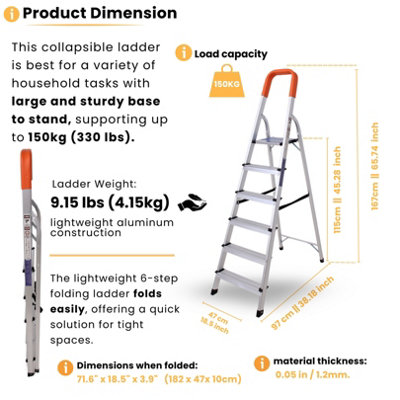 Lightweight Step Ladders 6 Step 167 cm, Max Load 150 kg - Compact ...
