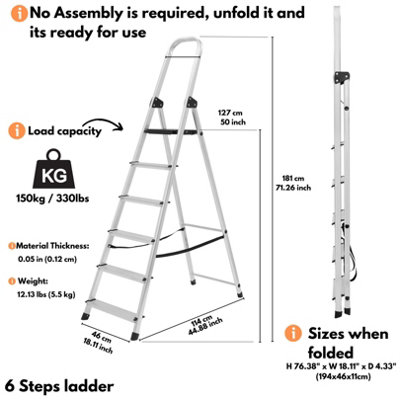 Lightweight Step Ladders 6 Step 181cm Max Load 150 kg - Compact ...