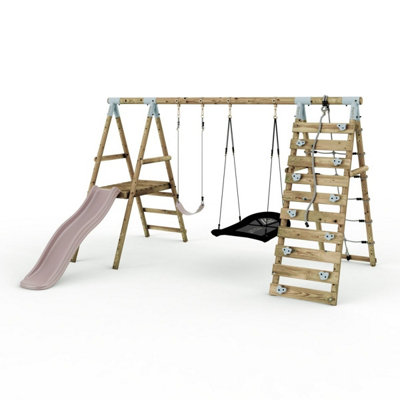 LIMITED EDITION REBO WOODEN DOUBLE SWING SET WITH SLIDE PLUS UP AND ...