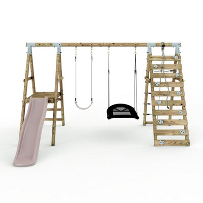 Limited Edition Rebo Wooden Double Swing Set with Slide plus Up and ...