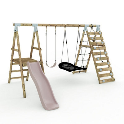LIMITED EDITION REBO WOODEN DOUBLE SWING SET WITH SLIDE PLUS UP AND ...