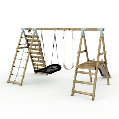LIMITED EDITION REBO WOODEN DOUBLE SWING SET WITH SLIDE PLUS UP AND ...