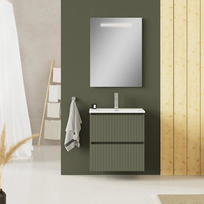 Linea Muscat Sage Ribbed Double Drawer Wall Hung Vanity Unit 600mm x 390mm