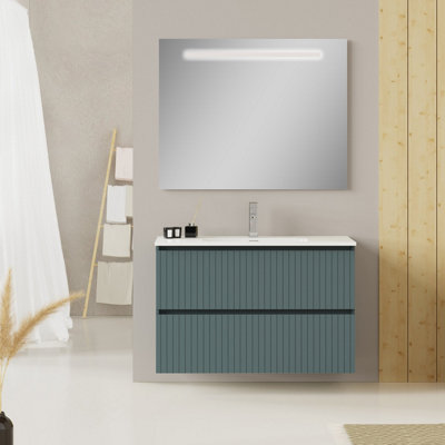 Linea Ocean Blue Ribbed Double Drawer Wall Hung Vanity Unit 1000mm x 390mm