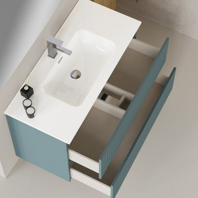 Linea Ocean Blue Ribbed Double Drawer Wall Hung Vanity Unit 1000mm x 390mm