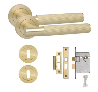 Linear Design T-Bar Lock Door Handle Set 3 Lever Lock Set Satin Brass ...