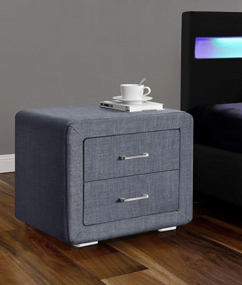 Linen Fabric Bedside Table With 2 Drawers & Brushed Steel Dark Grey