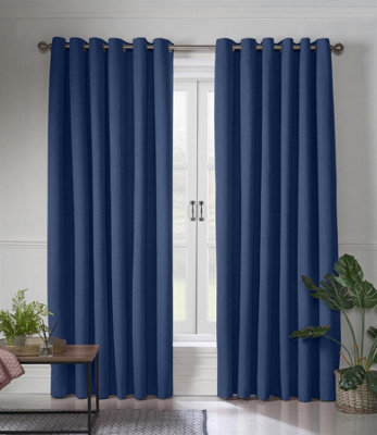 Linen Look Blackout Thermal Eyelet Curtains (Pair). Blue 230cm (90 ...