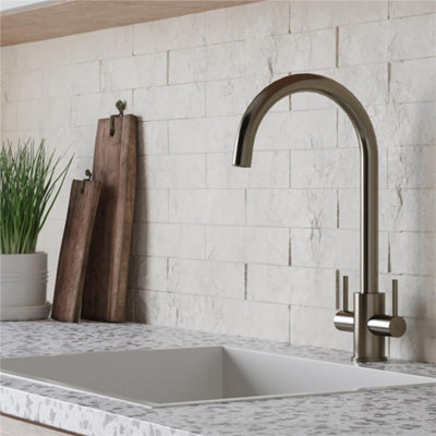 Liquida AD395BS Brushed Steel Swan Neck Twin Lever Kitchen Mixer Tap