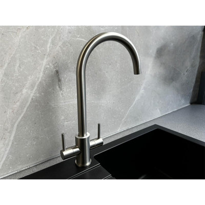 Liquida AD395BS Brushed Steel Swan Neck Twin Lever Kitchen Mixer Tap