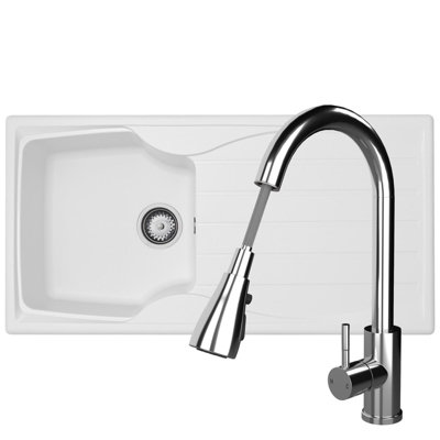 Liquida CMP10WH 1.0 Bowl White Kitchen Sink With KPO11CH Chrome Pull ...