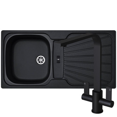Liquida CMP5BL 1.0 Bowl Black Kitchen Sink With EB403MB Black Flat ...