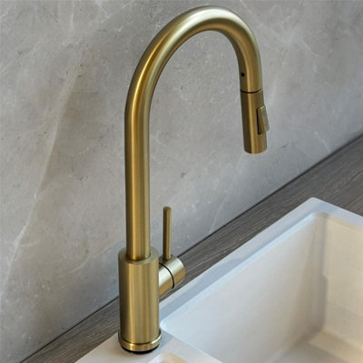 Liquida KPO11BR Single Lever Pull Out Mono Brushed Brass Kitchen Mixer Tap