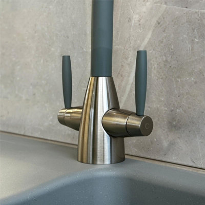 Liquida LB01GM Swan Neck Twin Lever Brushed Steel & Gun Metal Kitchen ...