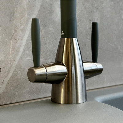 Liquida LB01GM Swan Neck Twin Lever Brushed Steel & Gun Metal Kitchen ...