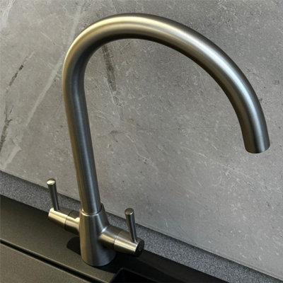 Liquida LU405BS Brushed Steel Swan Neck Twin Lever Kitchen Mixer Tap