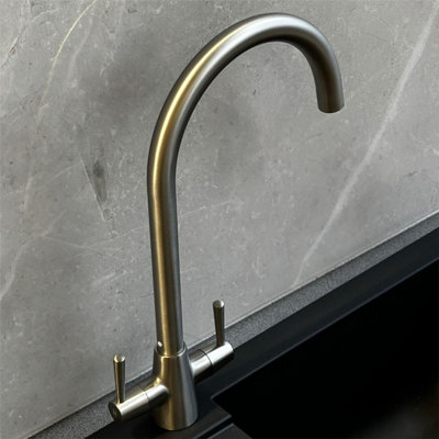 Liquida LU405BS Brushed Steel Swan Neck Twin Lever Kitchen Mixer Tap