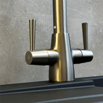 Liquida LU405BS Monobloc Swan Neck Twin Lever Brushed Steel Kitchen ...