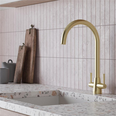 Liquida LU409BR Brushed Brass Swan Neck Twin Lever Kitchen Mixer Tap