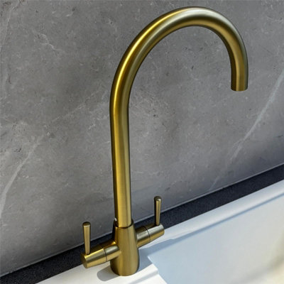 Liquida LU409BR Brushed Brass Swan Neck Twin Lever Kitchen Mixer Tap