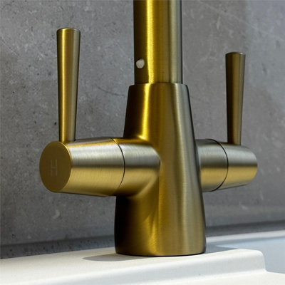 Liquida LU409BR Brushed Brass Swan Neck Twin Lever Kitchen Mixer Tap