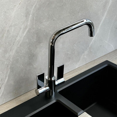 Liquida W18CH Chrome Twin Lever D Shape 360 Swivel Spout Kitchen Mixer Tap