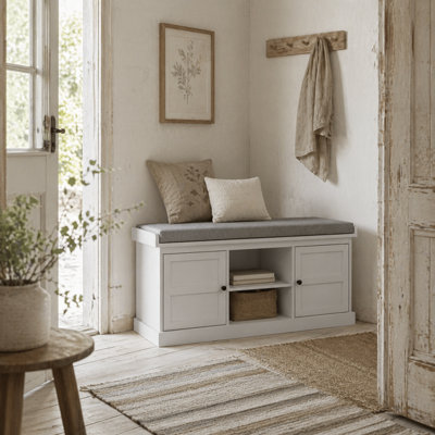 Lire White and Grey Multi-Compartment Shoe Bench with Cushioned Top ...