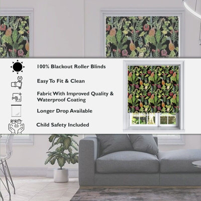 Lister Cartwright Tropical Plants Design Blackout Roller Blinds (Black, 90 cm Width x 160 cm ...