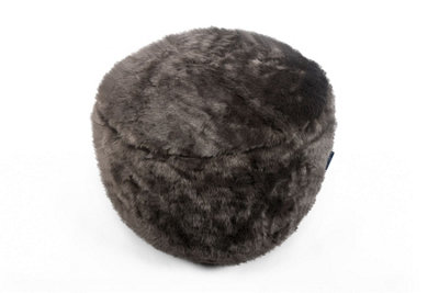 Littens Charcoal Grey Plush Faux Fur Round Footstool Ottoman Pouffe ...