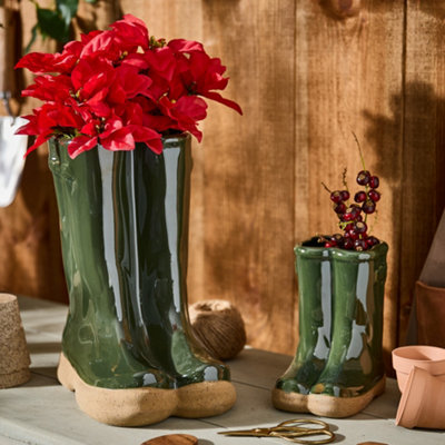 Little and Large Dark Green Wellington Outdoor Boot Ceramic Flower Pot ...
