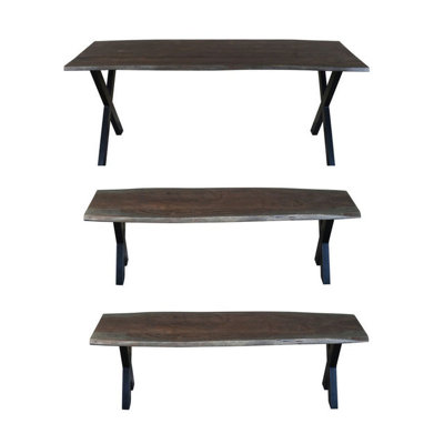 Live Edge Large Acacia Wood Dining Table Set Grey With 2 Benches | DIY at B&Q