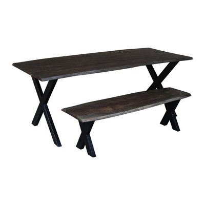 Live Edge Large Acacia Wood Dining Table Set Grey With 4 Chairs And 1 Bench