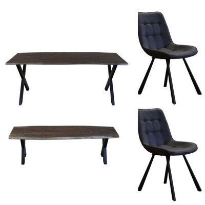 Live Edge Wood Large Dining Table Set Grey With 2 Chairs And 1 Bench ...