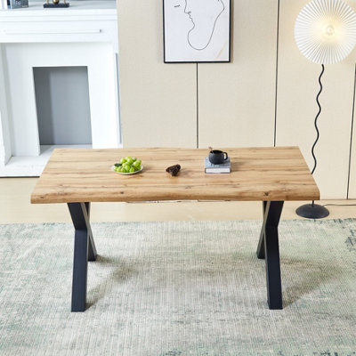 Livee Live Edge Oak Wood Veneer Dining Table with Sturdy Metal Legs Wooden Kitchen Dinner Table