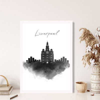 Liverpool Watercolour Skyline City Art Print with White Frame SIZE: A4