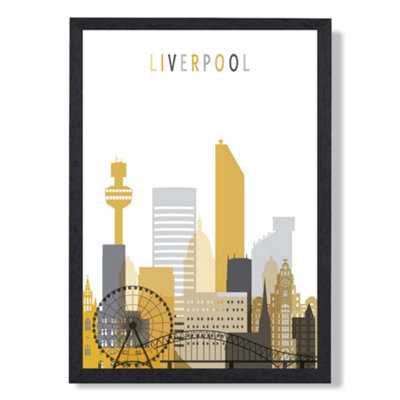 Liverpool Yellow and Grey City Skyline Medium Poster with Black Hanger ...