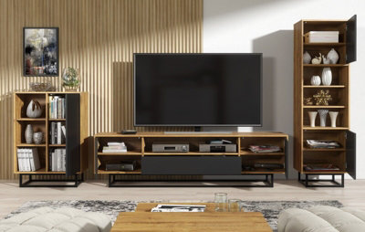 Living Room TV Unit 200cm Set Loft Oak & Black Matt Doors - Creative ...