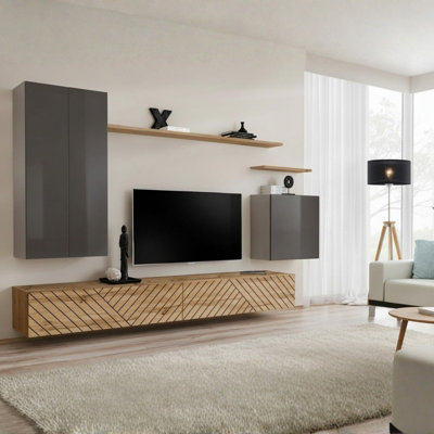 Living Room Wall Unit Set SWITCH LAMEL II Graphite Top Wotan Bottom